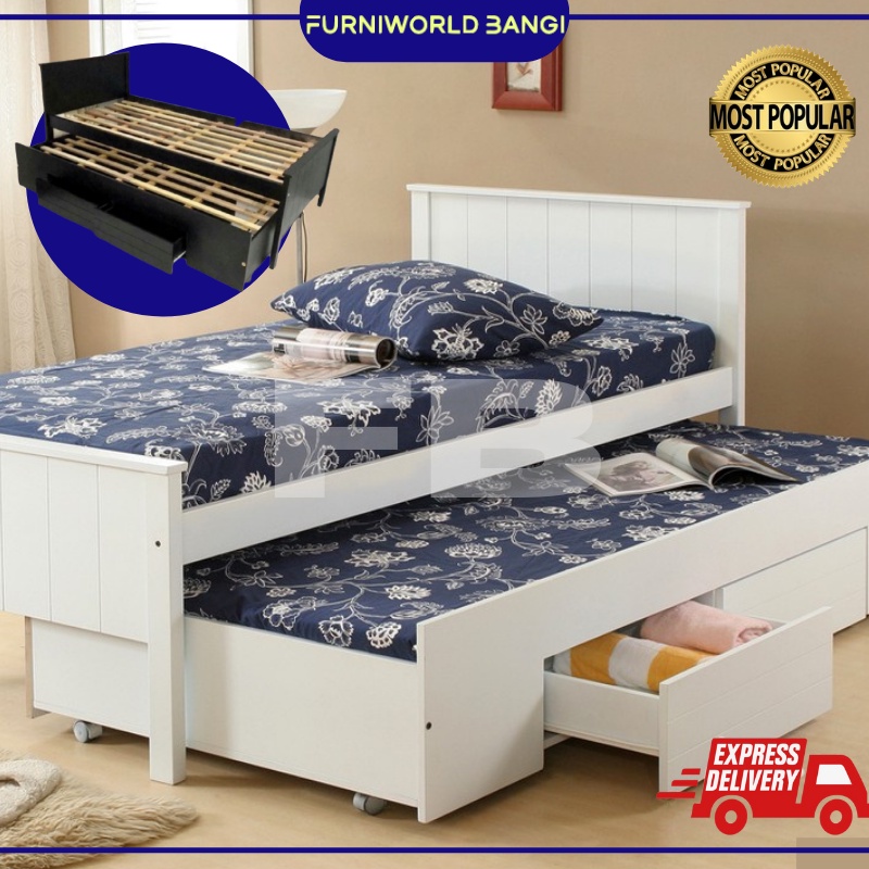 Single/ Super Single Wooden Bed with Pull Out + Drawers | Shopee Malaysia