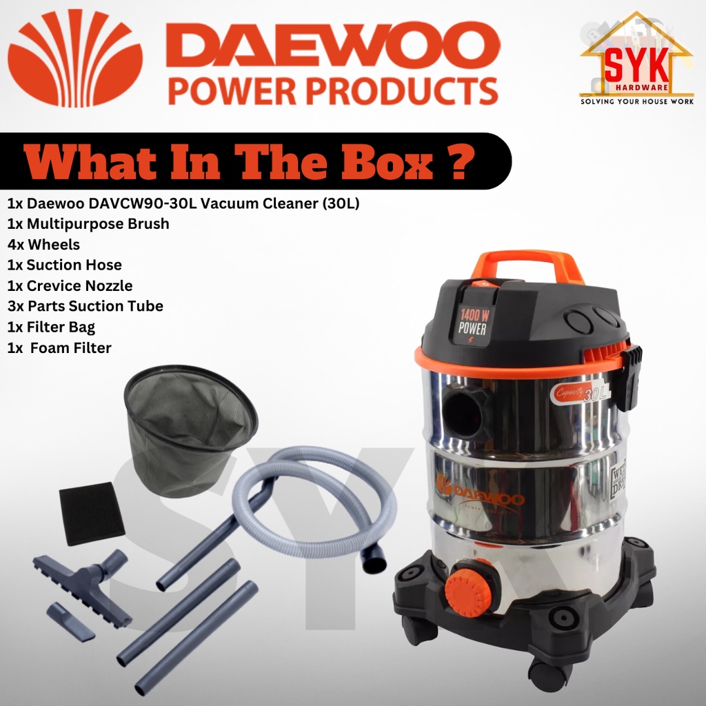 SYK Daewoo DAVC/DAVCW90-30L 30L 1400W Corded Wet and Dry Vacuum Cleaners Floor Care Appliances ...