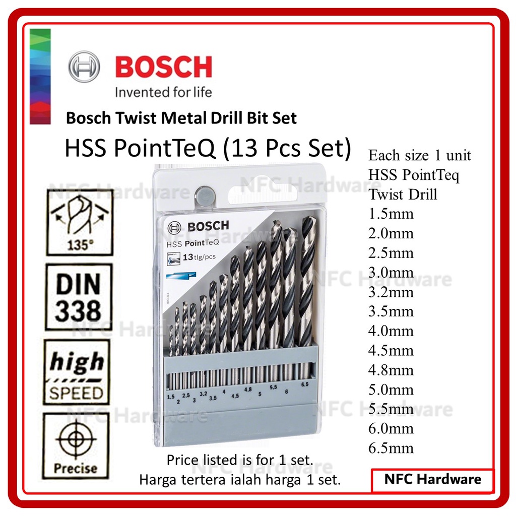 BOSCH HSS Metal Drill Bit PointTeQ (13 Pcs Set) | Shopee Malaysia