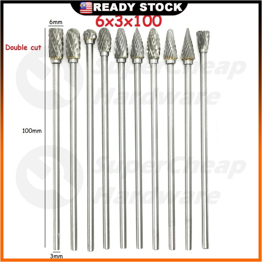 10pcs 6x3x100mm Tungsten Carbide Burr 3mm Single Cut Double Cut Rotary ...