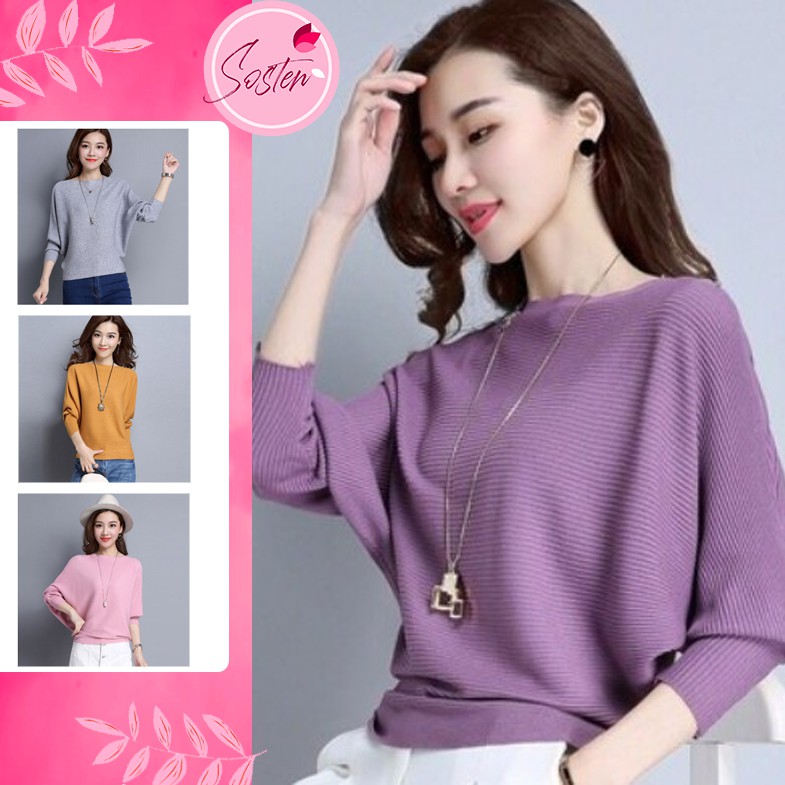 【READY STOCK】ST245 Women's Bat Sleeve Sweater Loose Solid Color Single ...