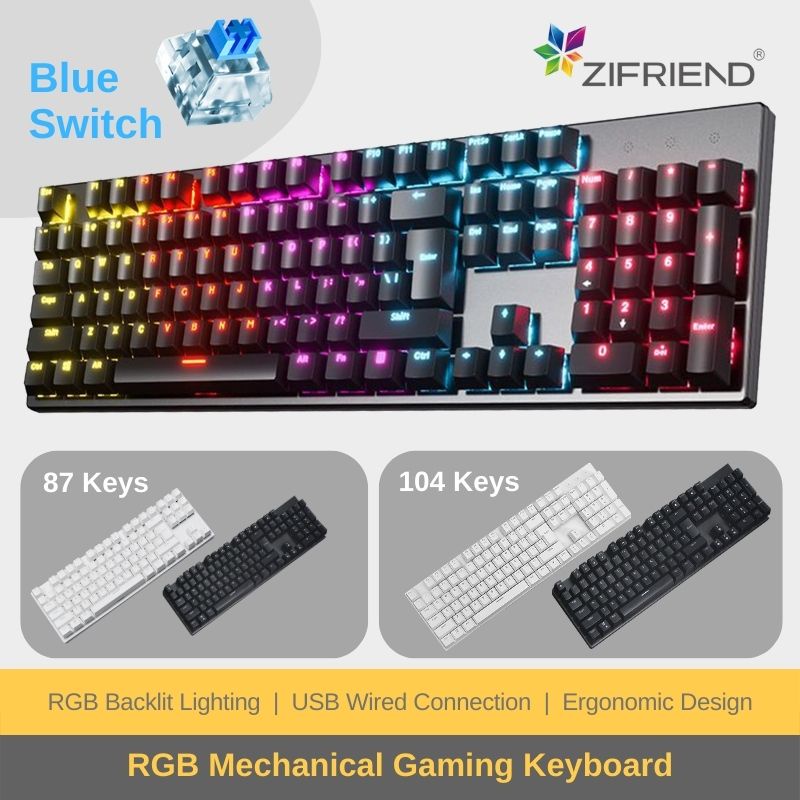 ZiFRIEND Mechanical Gaming Keyboard 87 104 Keys RGB Wired USB Blue ... ZiFRIEND Mechanical Gaming Keyboard 87 104 Keys RGB Wired USB Blue ...