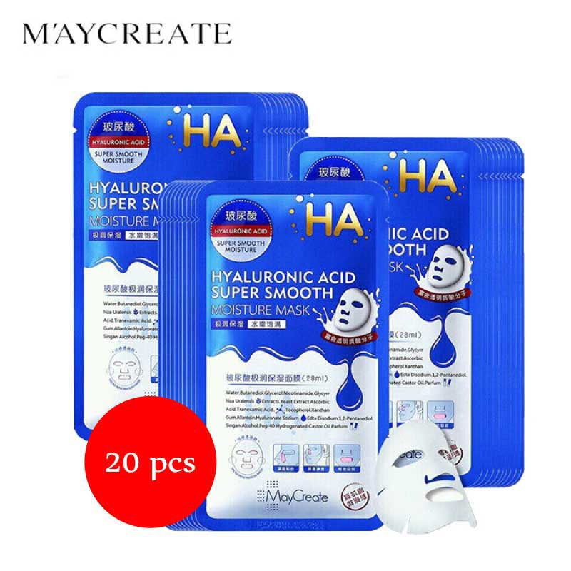 Maycreate 20 Pcs Set Mask Hyaluronic Acid Super Smooth Moisture Facial ...