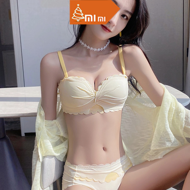 [32-40 Size] 0.5cm thin C Cup bra set cute Wireless Strapless underwear suit Push up Big Cup bra ...