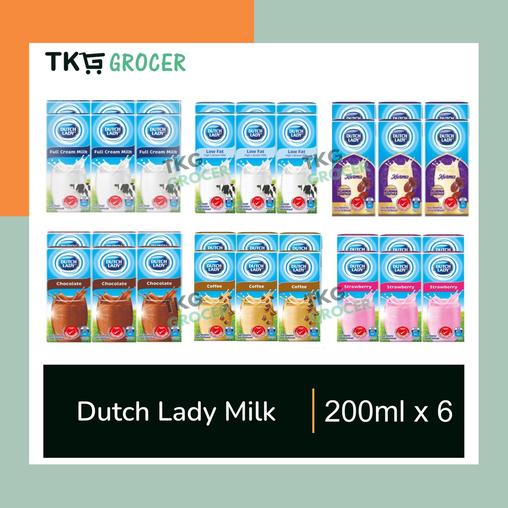 Dutch Lady UHT Milk 200ml x6 Full Cream / Low Fat / Chocolate ...