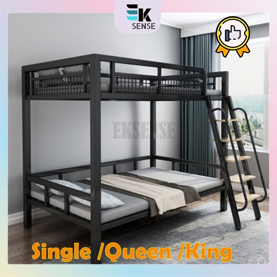 Double Decker Metal Bunk Bed Frame Adult Loft Bed Front Side Stair ...