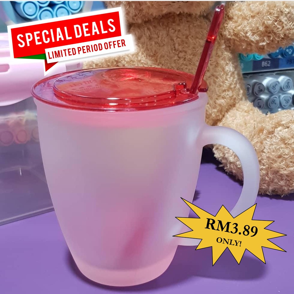 KEDAI GIFT Clearance Sale / Cup with Lid and Spoon / Frosted Glass Mug ...