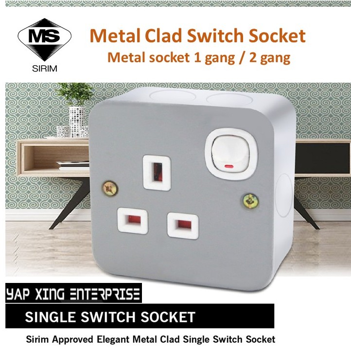 13AMP M/CLAD SINGLE OR DOUBLE SWITCH SOCKET 3 PIN METAL CLAD / METAL ...