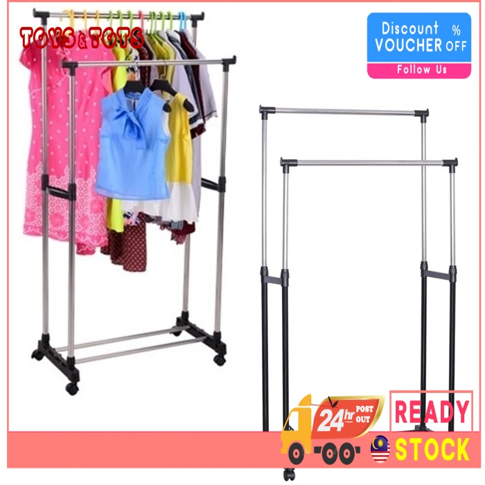 (Adjustable Height Full Stainless Steel) Portable Double Pole Clothes ...