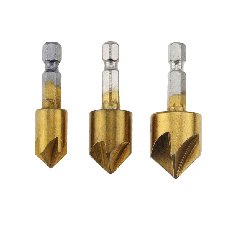 3PCS 5 Flute Chamfer Countersink 1/4 Hex Shank HSS Wood Chamfering ...