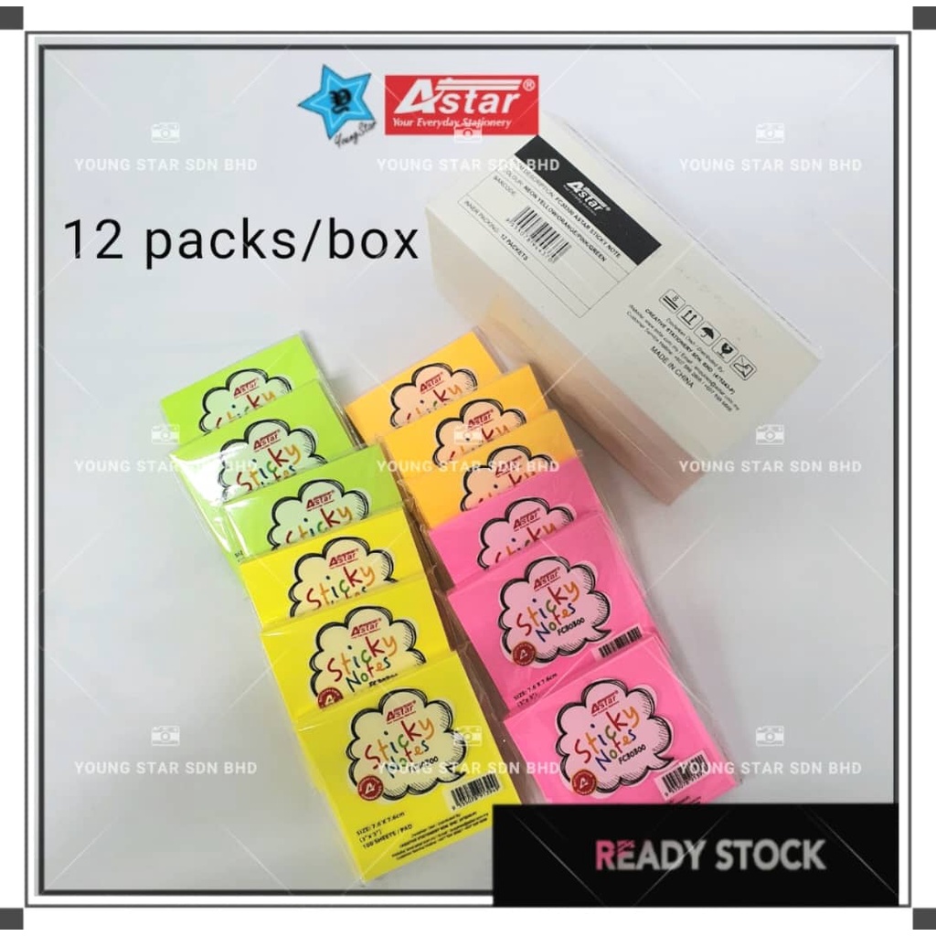 Astar Neon Sticky Note 76mmX76mm (3"x3") 100sheets/Pad ( 12 pad ...