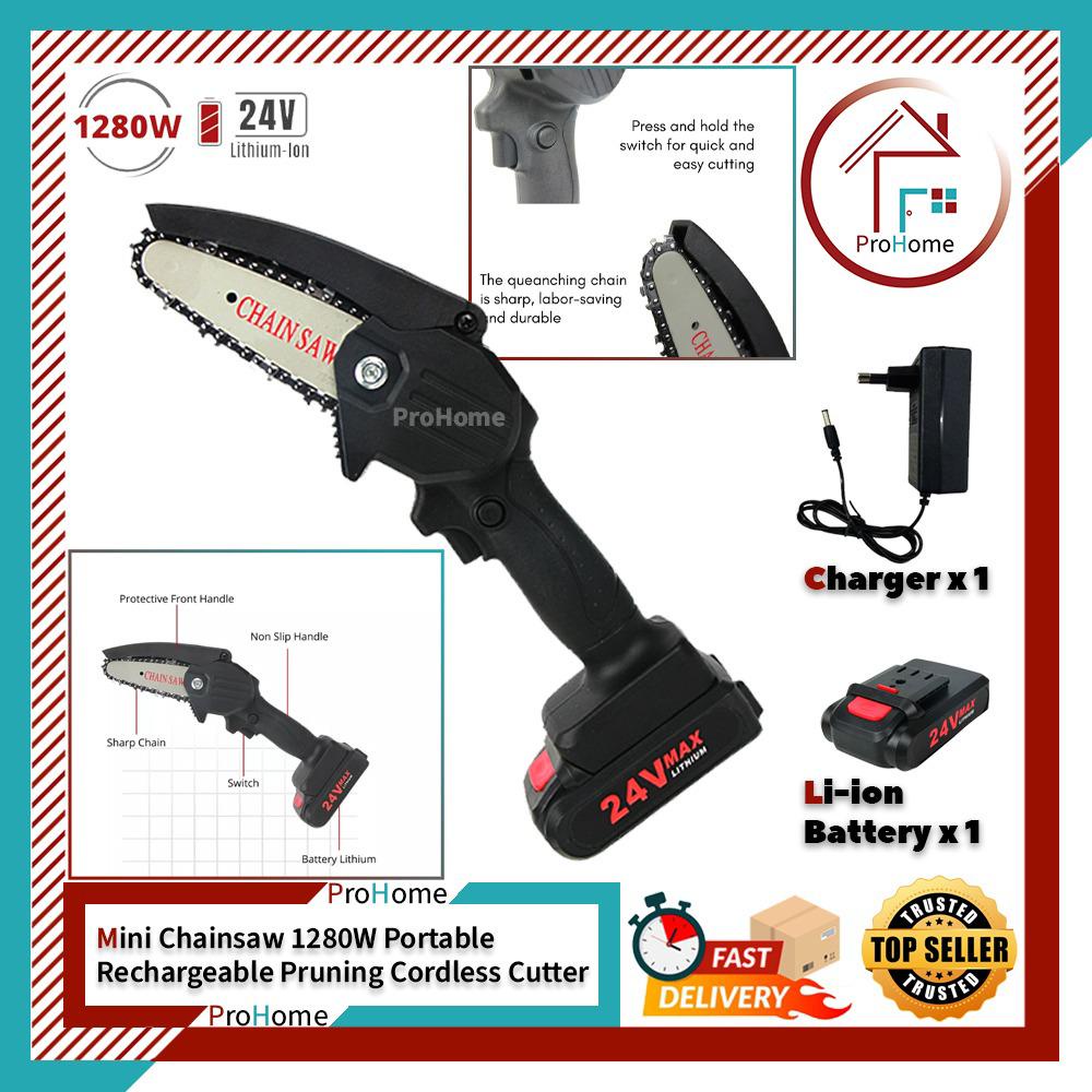 Mini Chainsaw 1280W 24V Portable Rechargeable Pruning Cordless Cutter ...