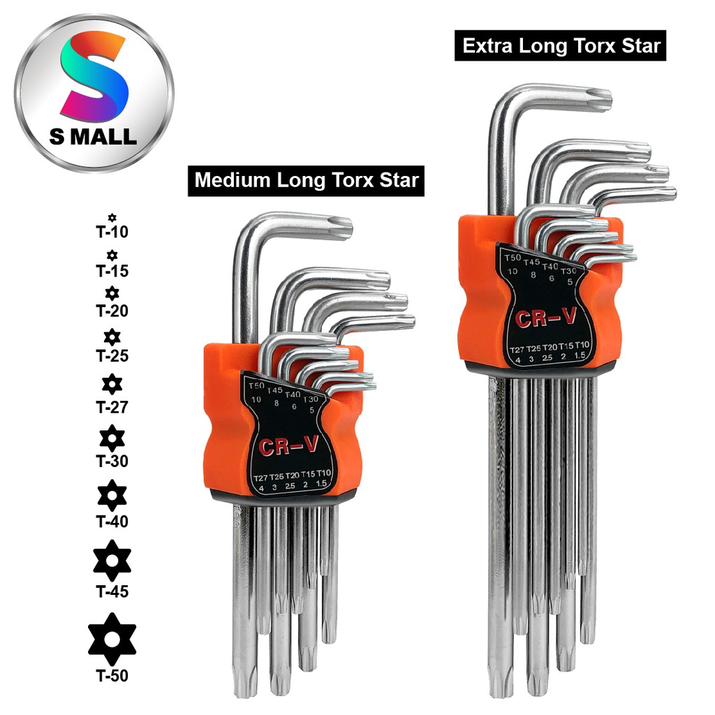 Torx Star Allen Key Set 9pcs Chrome Vanadium Steel Extra Long Medium