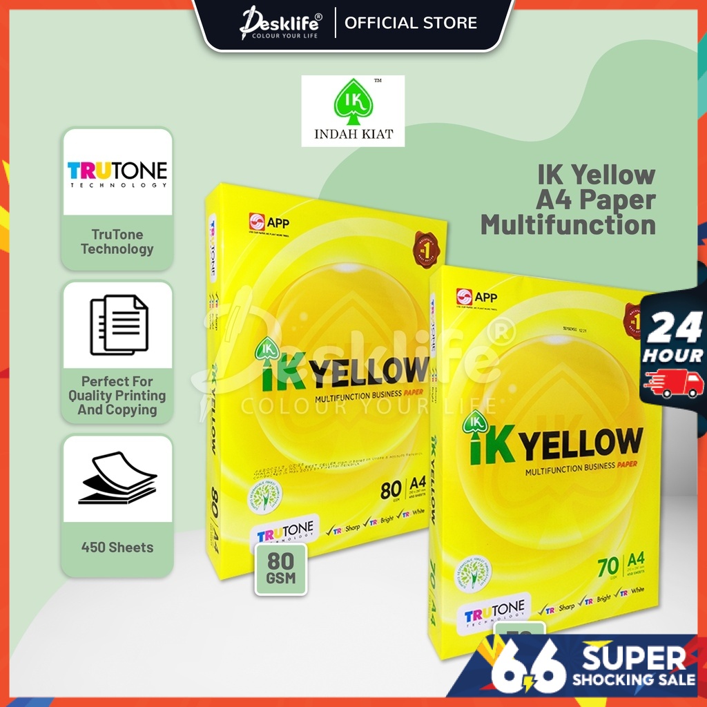 Desklife IK Yellow A4 Paper Multifunction 70gsm 80gsm ( 450 Sheet / REAM ) Kertas A4 Fotostat ...