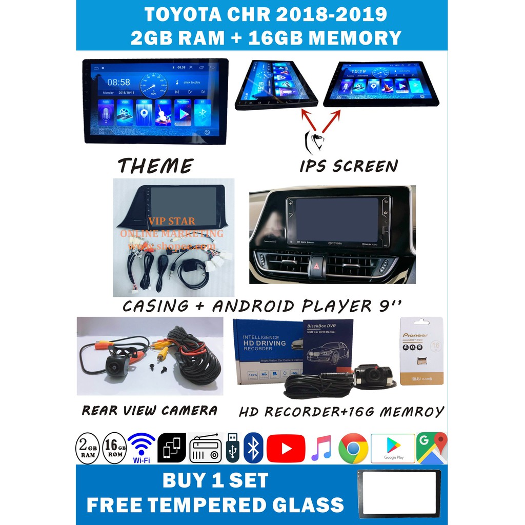 TOYOTA CHR 2018-2019 ANDROID PLAYER 9''(2G+16G)+CASING+REAR VIEW CAMERA ...