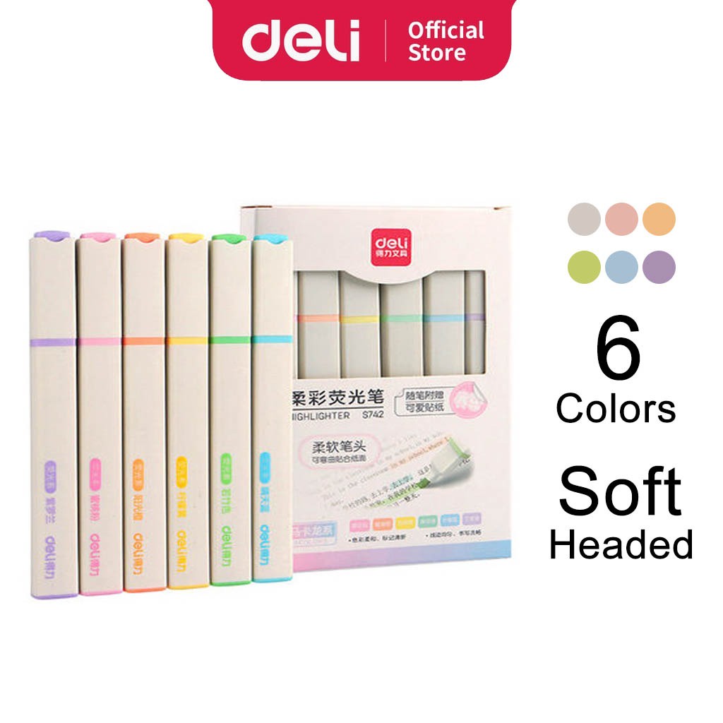 Deli Highlighter 6 Color Macaron Light Colored Soft Headed Key Painting ...