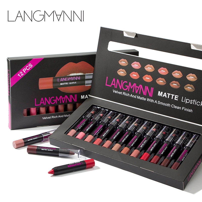 LANGMANNI 12-Color Lipstick Set Non-Stick Matte Lipstick Long-Lasting ...