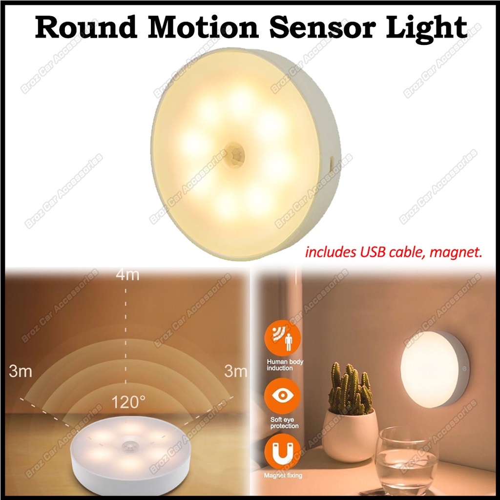 Round Motion Sensor Light LED Night Rechargeable Battery Powered Closet ...