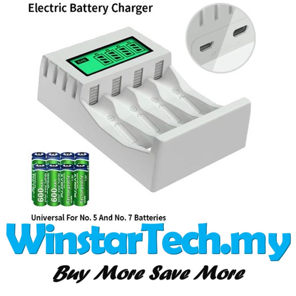 Electric Battery Charger Four-Slot No.5/7 Battery Universal LCD Display ...
