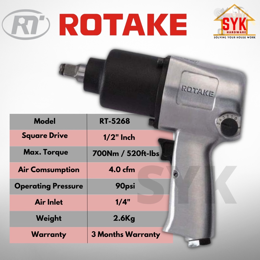 SYK ROTAKE 1/2 Inch Twin Hammer Heavy Duty Hog Ring Air Electric Power Switch Impact Wrench RT ...