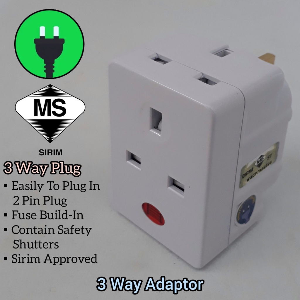 SIRIM Approved 3 Way Adaptor for Two Pin Plug For House Electrical Home ...
