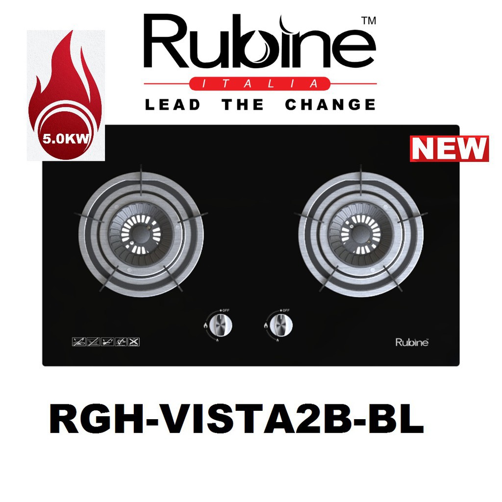 RUBINE RGH-VISTA2B-BL 5.0kW 2 BURNER SAFETY VALVE BLACK TEMPERED GLASS ...