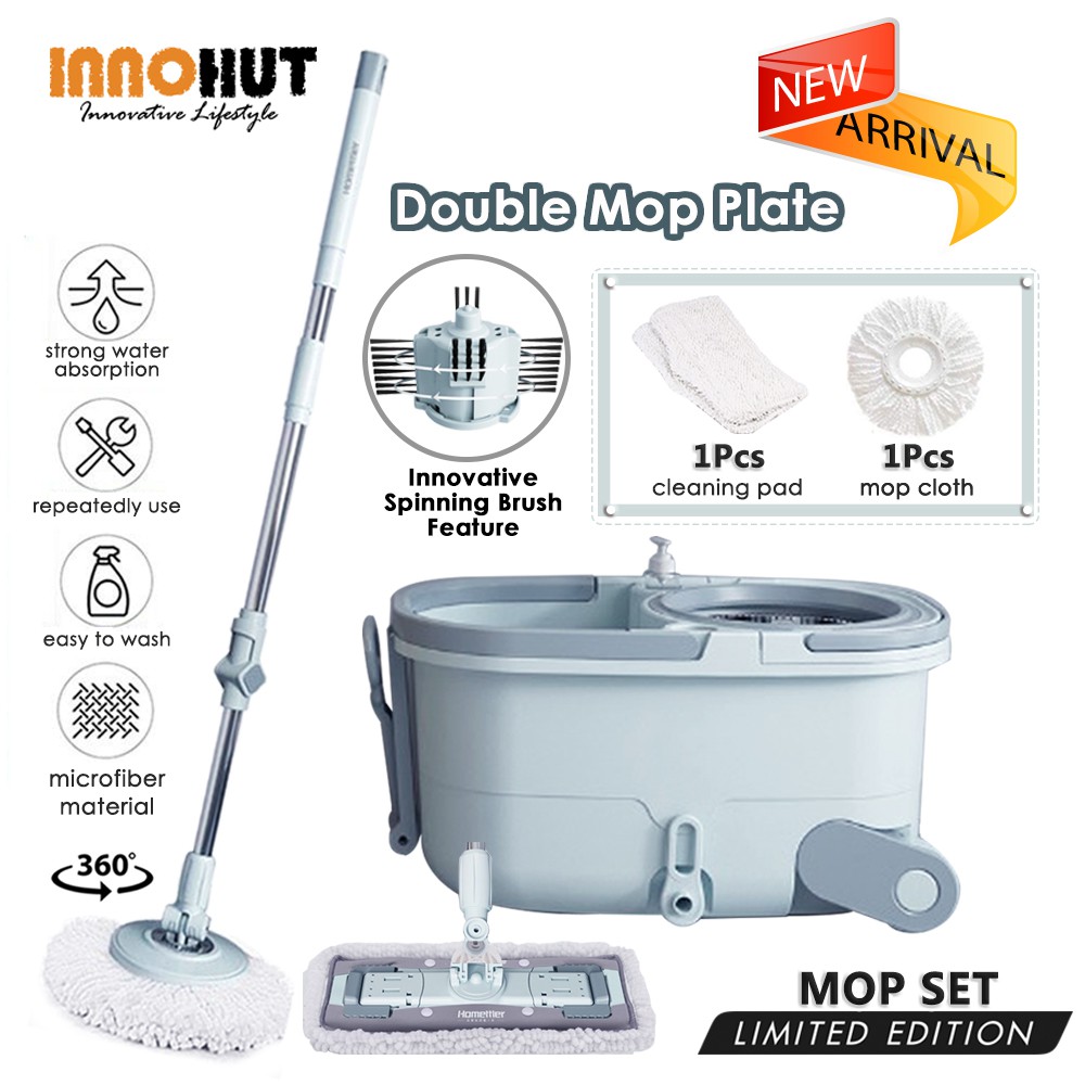 (EXTRA MOP HEAD) WJS Durable Strong Stainless Steel Easy Spin Mop Magic ...