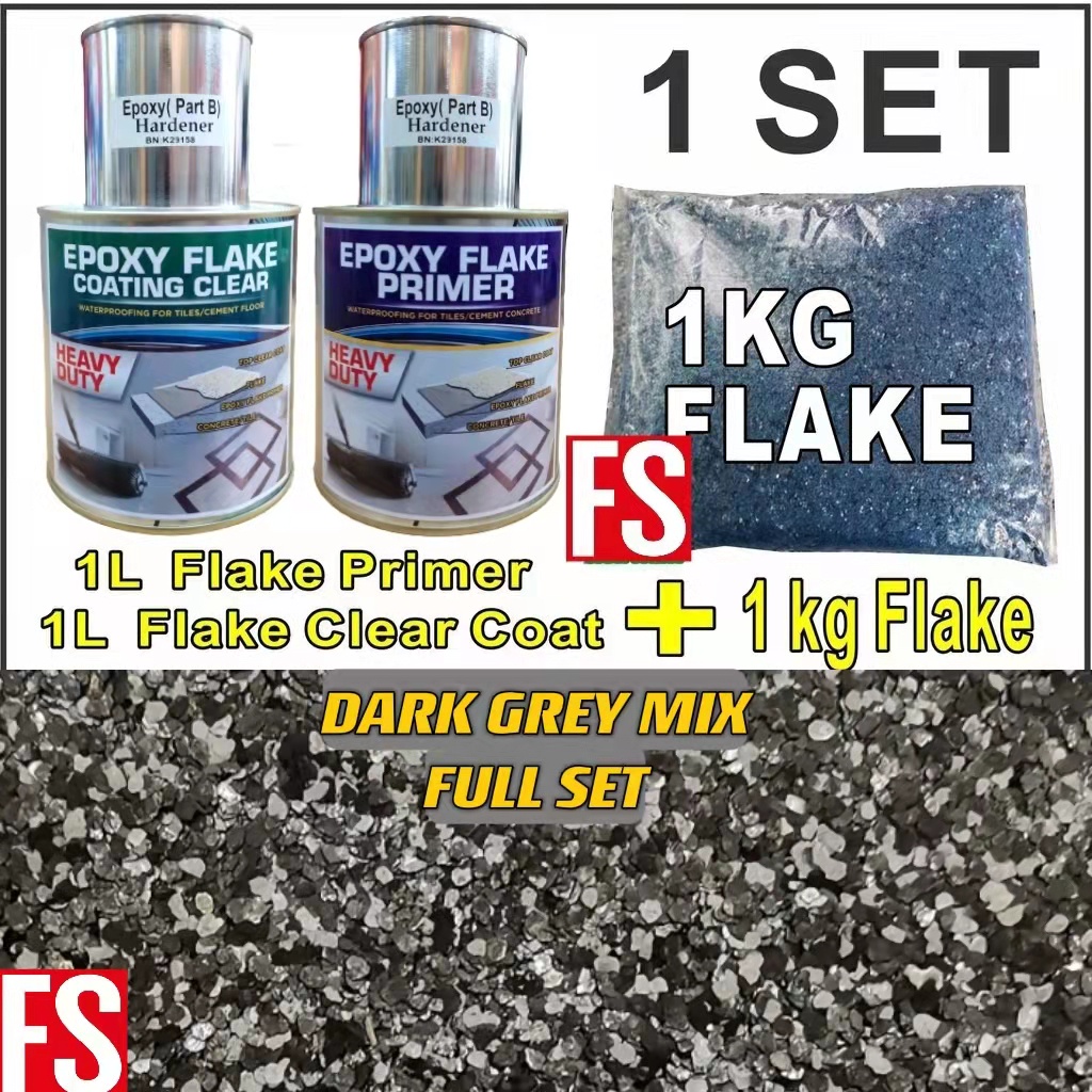( DARK GREY MIX ) Full Set Epoxy Colour Flake Coating ( 1KG FLAKE / 1L ...