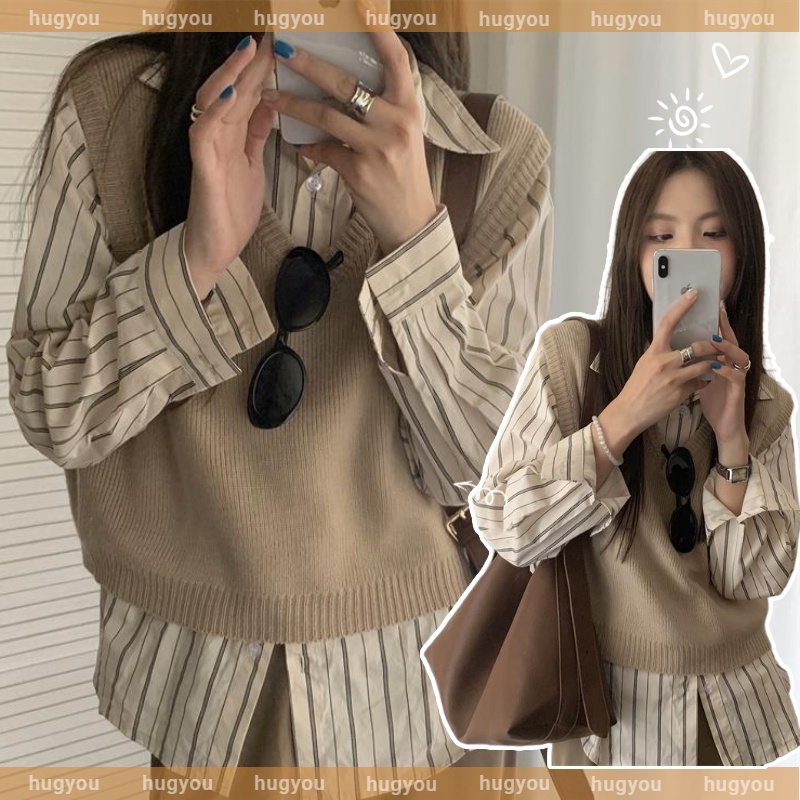 Suit Women New Korean Long Sleeve Striped Shirt + Vintage V-neck ...