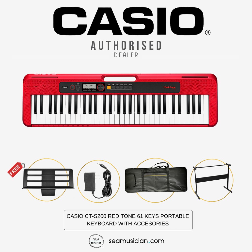 Casio ct-s200 red tone 61 keys portable keyboard with stand, note stand ...