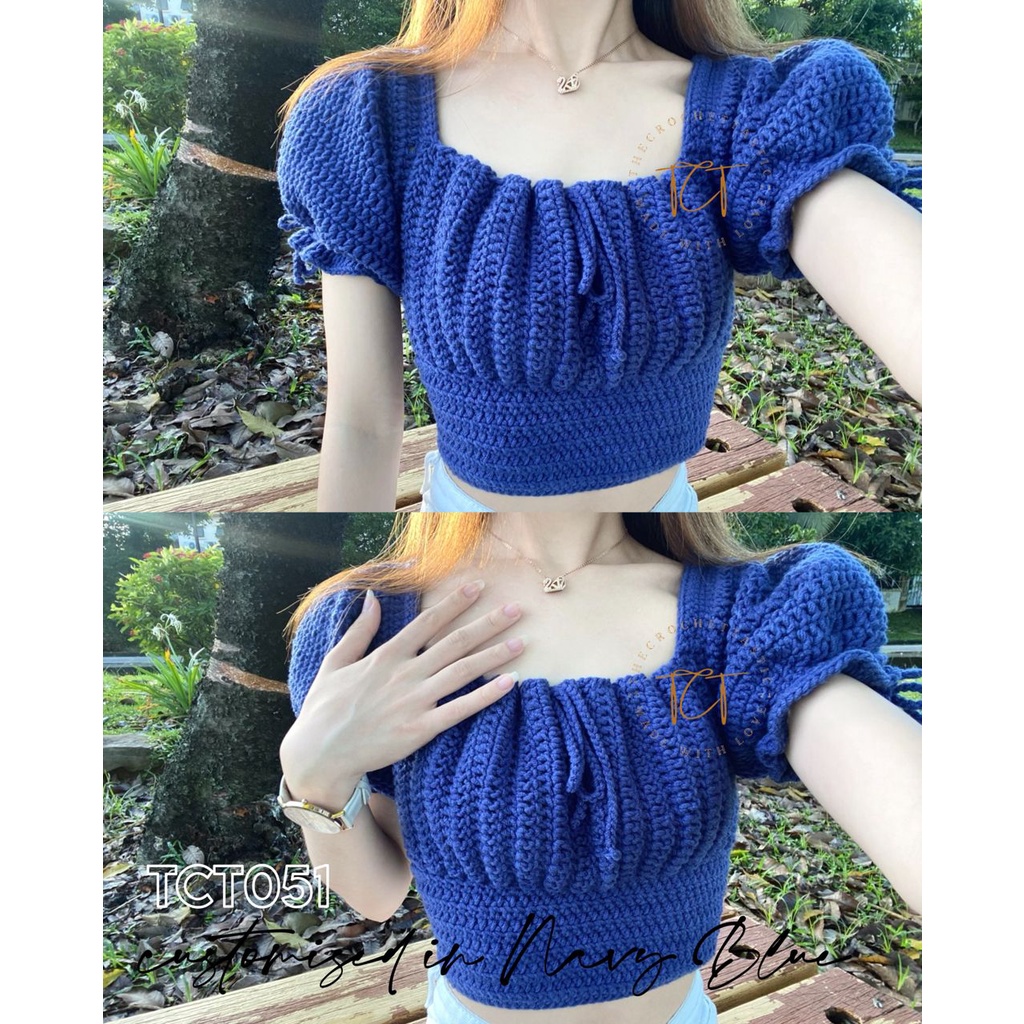 TCT051 Self-Tie Puffy Sleeves Crop Top | Crochet | Shopee Malaysia