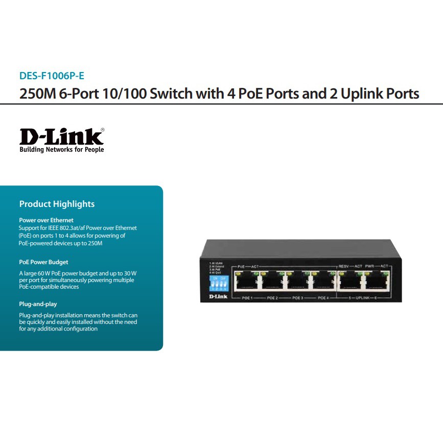 D-Link DGS-F1006P-E 6-port Gigabit POE Switches with 250M Extender POE ...