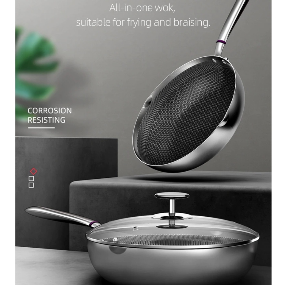 KOBACH JCG-30D1 30cm Non-Stick 316L Stainless Steel Fry Wok with Glass ...