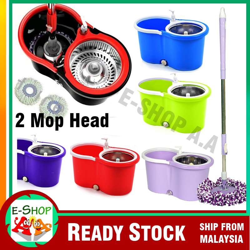 Mop with Wheels & Stainless Steel Basket (2 Mop Heads) / Mop lap Lantai ...