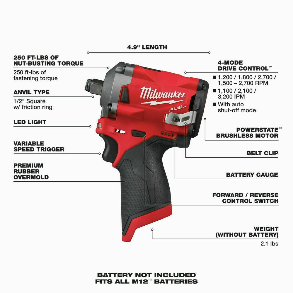Milwaukee M12 FIWF12 Fuel 1/2" Stubby Impact Wrench 339NM Brushless ...