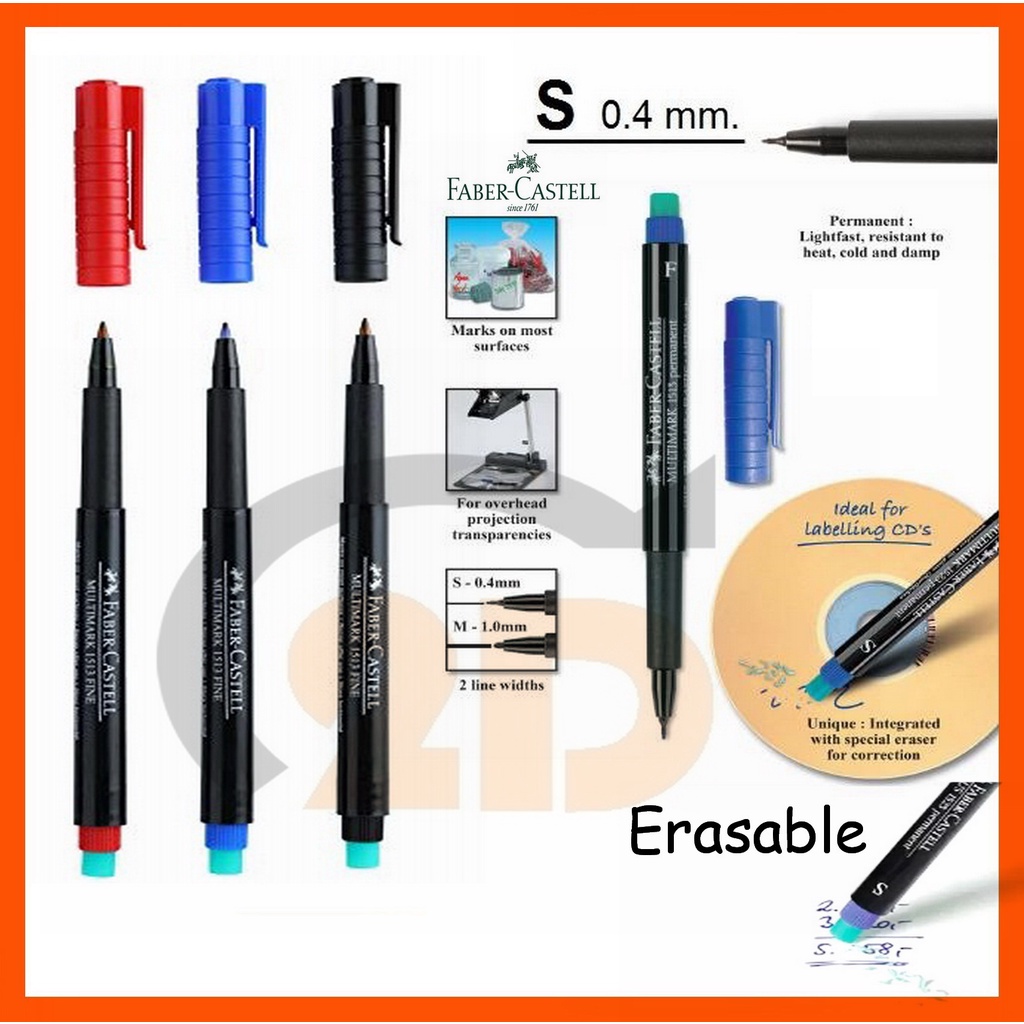 FABER CASTELL MULTIMARK PERMANENT PEN S-FINE OHP Erasable Permanent ...