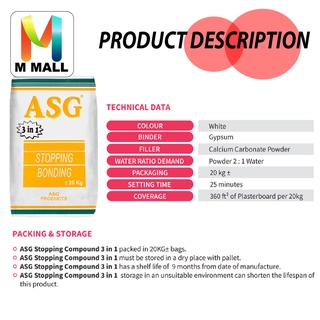 M MALL 1KG ASG STOPPING COMPOUND 3 IN 1 LOOSE PACK SKIMMING BONDING ...