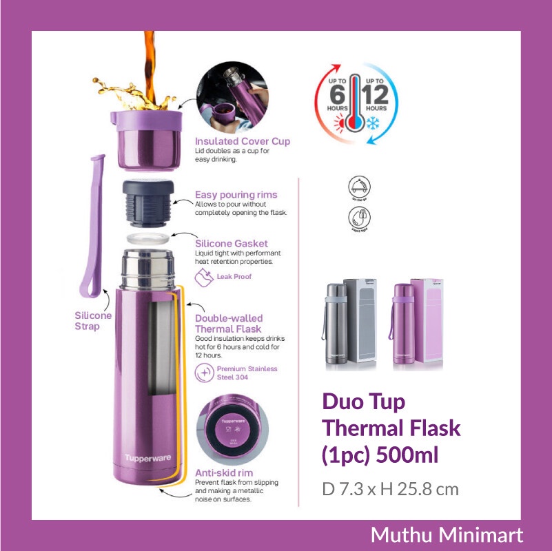 6 Designs: Tupperware Thermal Duo Tup Flask 500ml - Flip N Slip Flask Keep cool/warm 6 hours/ 1 ...