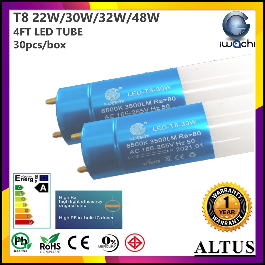 30PCS X IWACHI 30W 4feet LED T8 Glass Tube (Extra Bright) (Daylight 6500k) | Shopee Malaysia