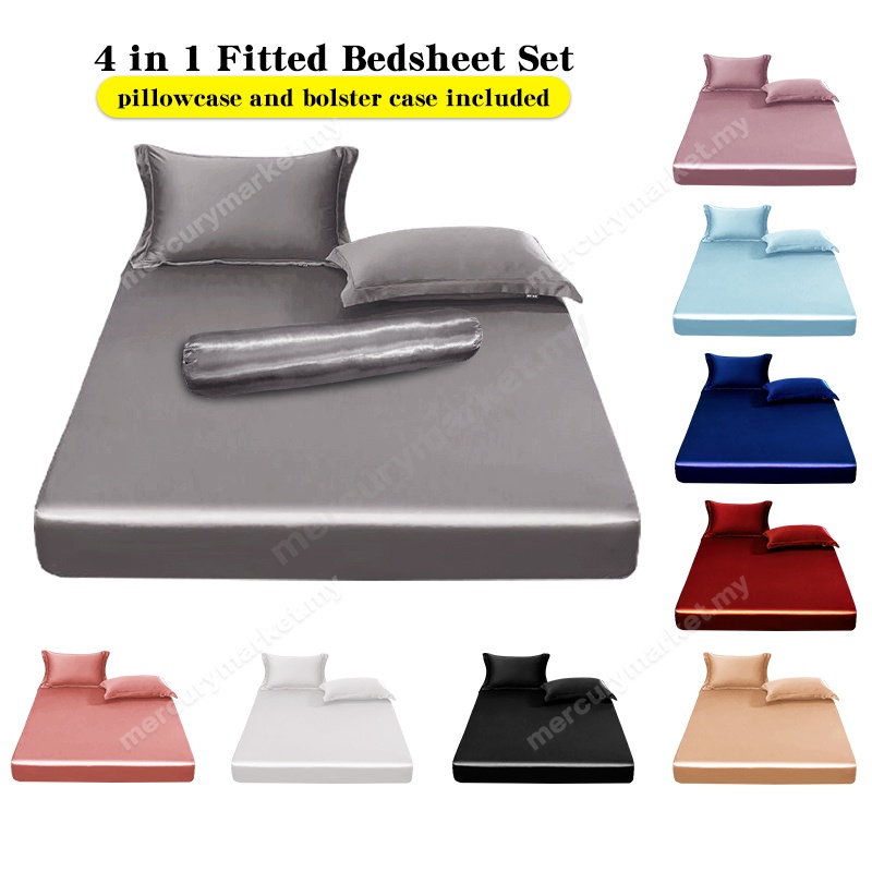 【4 in 1 Bedding Set】Fitted Bedsheet Set Super Comfortable Satin Silk ...