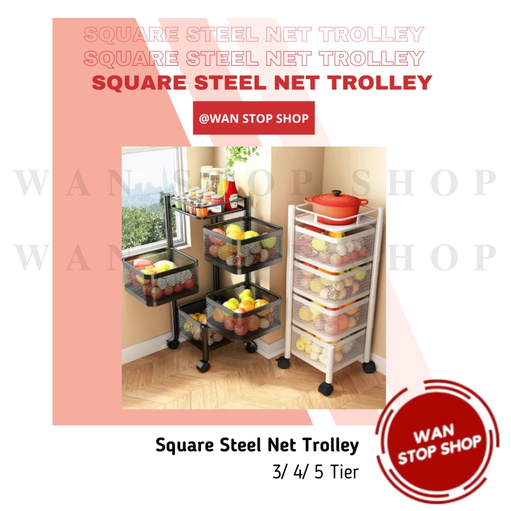 Square Steel Net Trolley 3/4/5 Tier Storage Trolley Rack Stainless ...