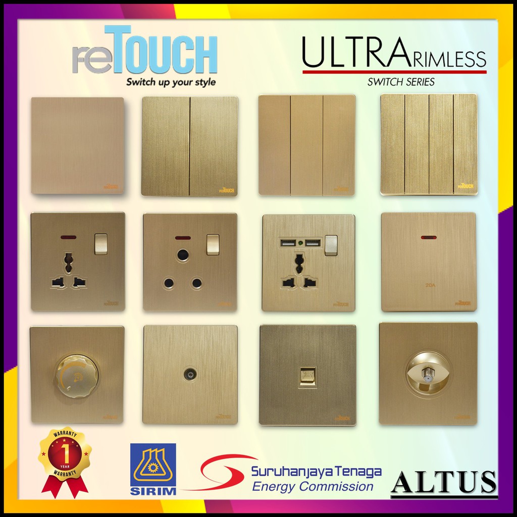 reTOUCH Switch ULTRA GOLD Rimless Switch SOCKET 13A USB 15A 20A ...