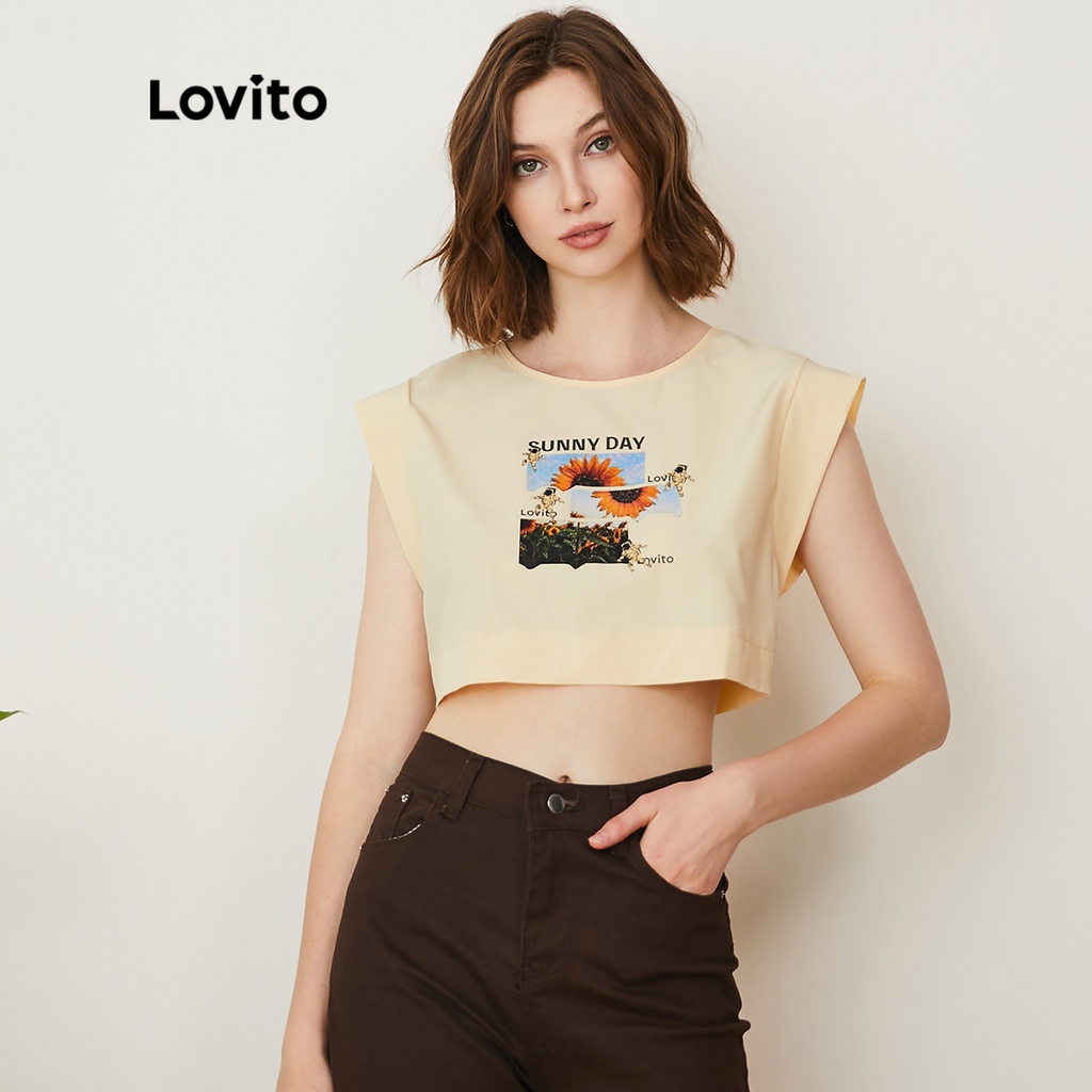 Lovito Casual Plain Crop Sleeveless Round Neck T Shirts L24ae019