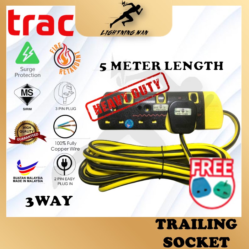 [sirim]trac Black Series 3way Surge Protector Sleek Black Portable Extension Socket Trailing