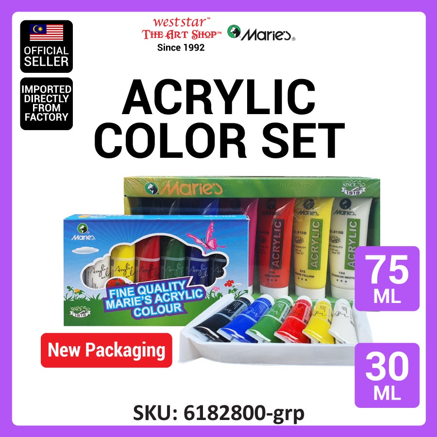 MARIES Acrylic Paint set 6 Col, Arcylic Paint Set,Acrylic Colour,Cat ...