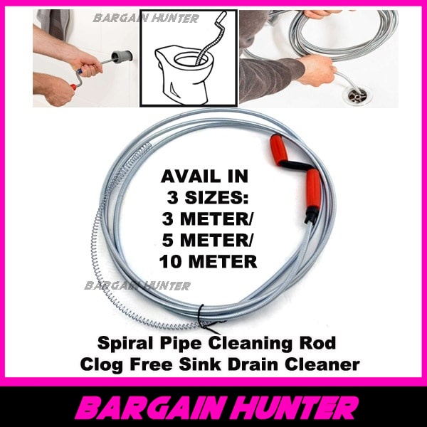 SPIRAL PIPE CLEANING ROD CLOG FREE SINK & DRAIN CLEANER (3M X 8MM) (5M ...