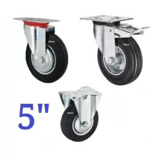 Black 5 Inch Industrial Rubber Wheel / Brake / Swivel / Rigid Castor ...