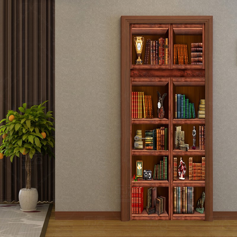PVC Waterproof Door Stickers Bookcase Bookshelf Wallpaper Wall Sticker ...