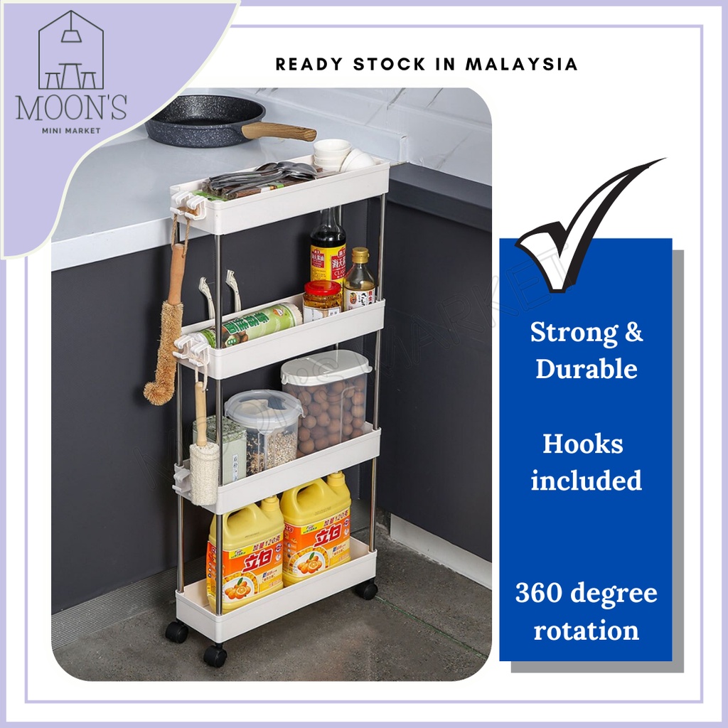 [Ready Stock] 4 Tier Trolley Rack With Wheel & Hook - Multipurpose ...