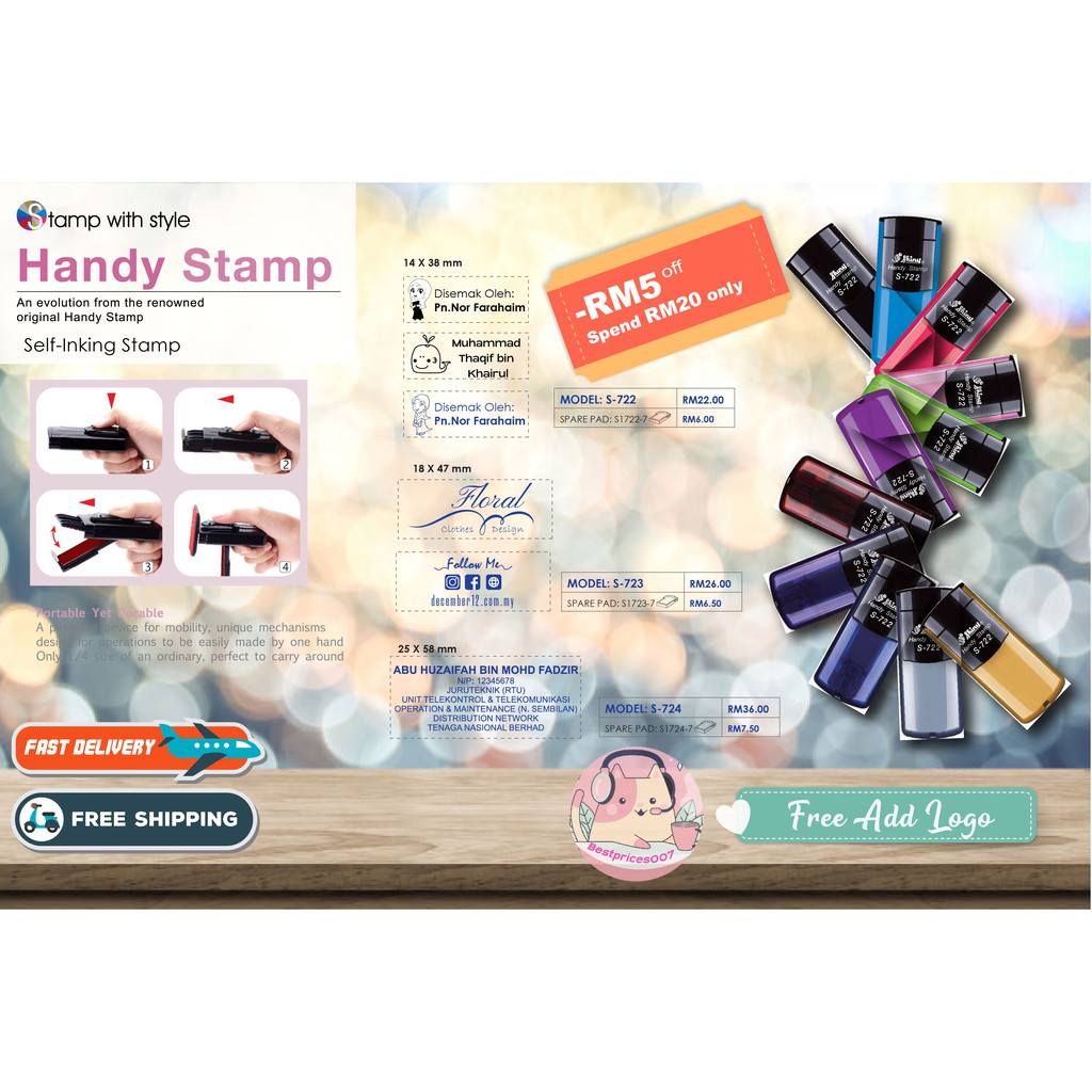 Hand Stamp Self-Inking/Chop/Handeld Chop/Cop dengan ink/Cop mudah bawa ...
